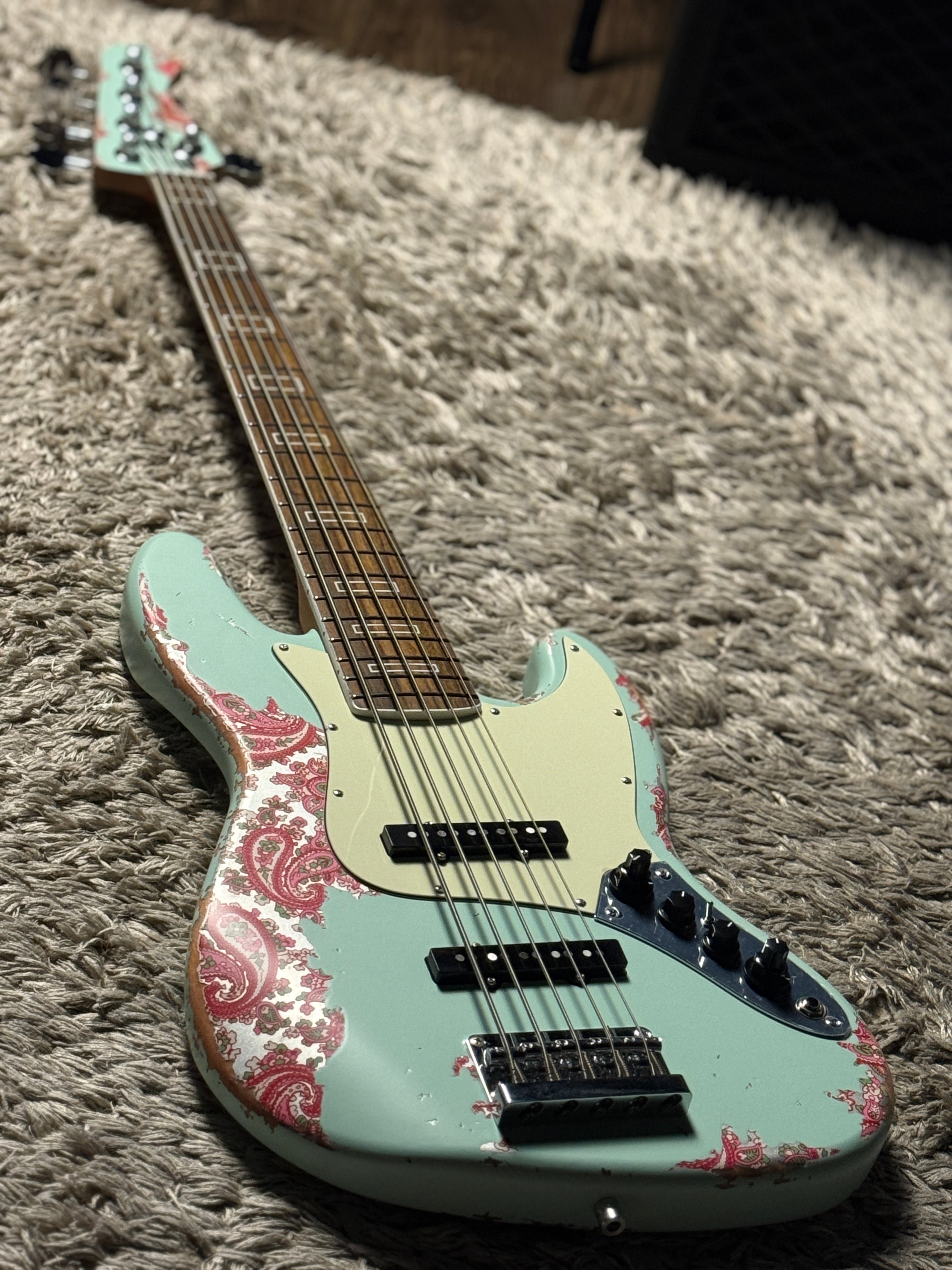 Dhatarattha Custom DEB 5 String Bass in Surf Green over Pink Paisley w ...