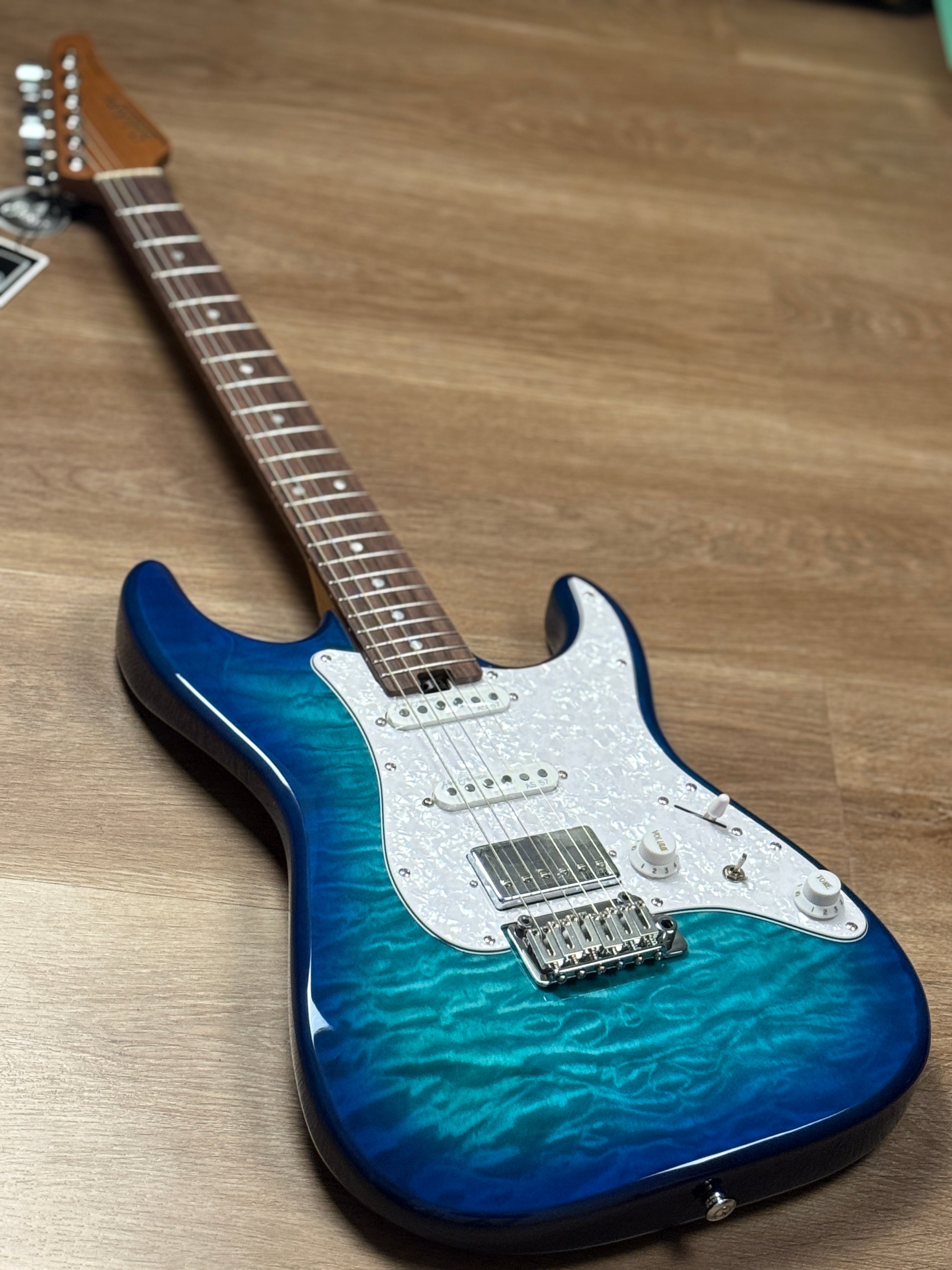 Soloking MS-1 Classic 22 HSS Quilt with Rosewood FB in Aquamarine Nafi ...